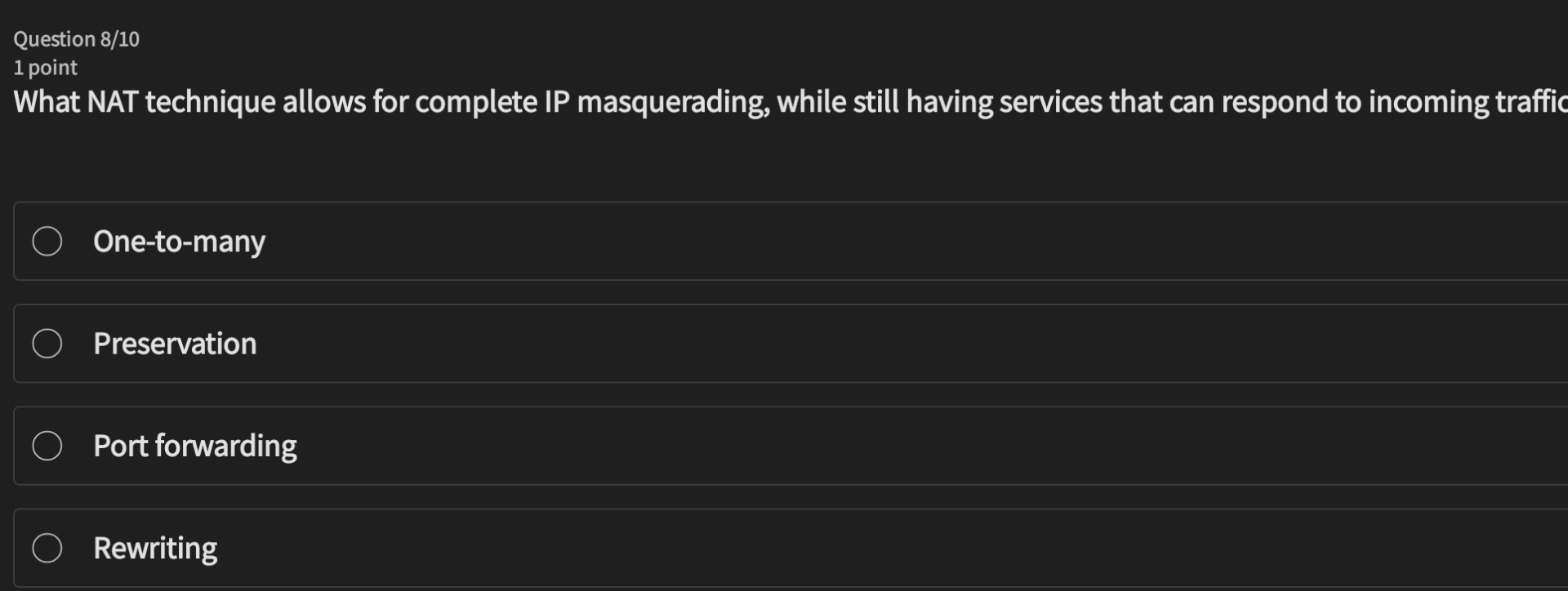 Solved Question 8101 ﻿pointWhat NAT technique allows for | Chegg.com