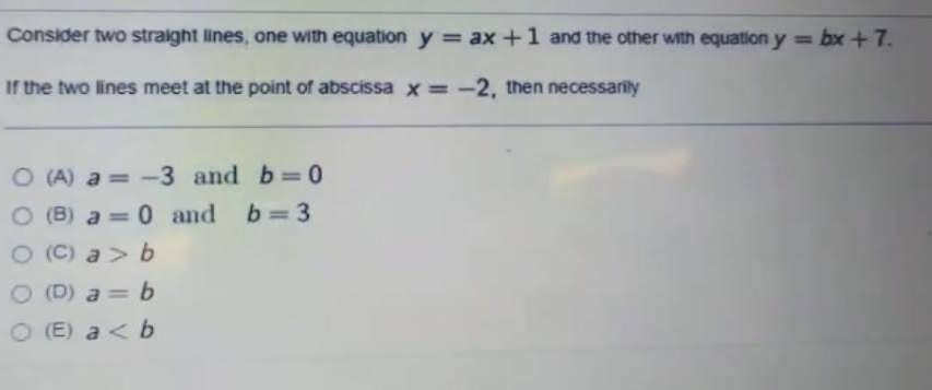 Solved Consider two straight lines, one with equation y=ax+1 | Chegg.com