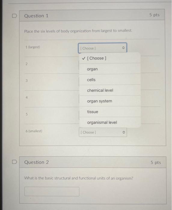 Solved Place the six levels of body organization from | Chegg.com