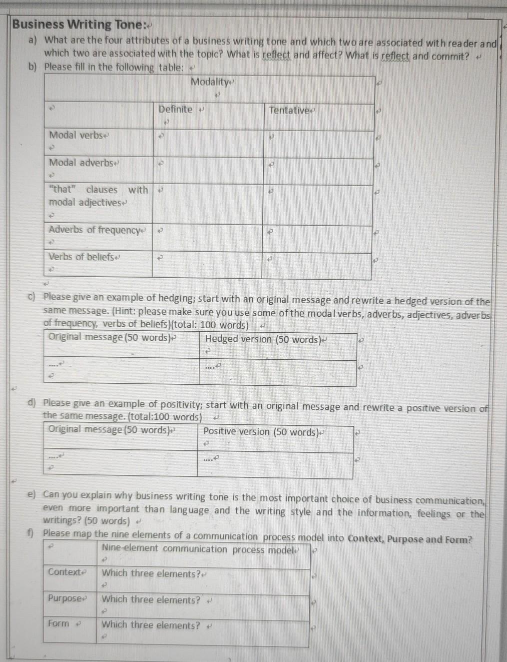 Business Writing Tone: a) What are the four | Chegg.com