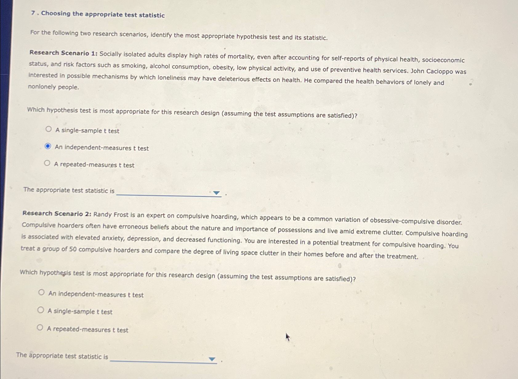 Solved Choosing the appropriate test statisticFor the | Chegg.com