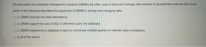 Solved We discussed why database management systems (DEMS) | Chegg.com