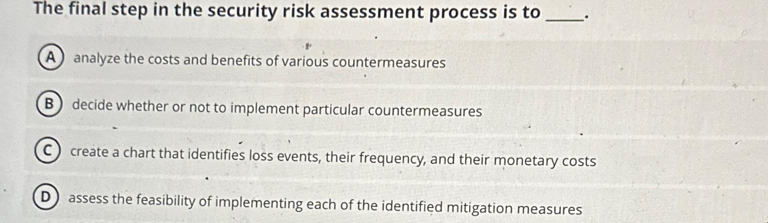 Solved The final step in the security risk assessment | Chegg.com