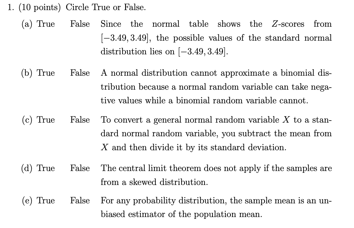 Solved (10 ﻿points) ﻿Circle True or False.(a) ﻿True False | Chegg.com