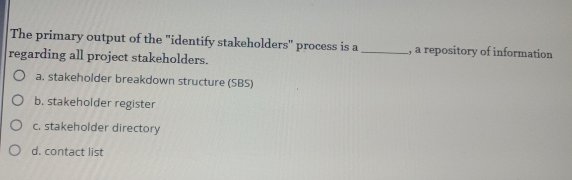 Solved The primary output of the "identify stakeholders" | Chegg.com