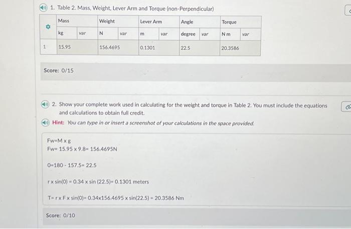 1. Table 2. Mass, Weight, Lever Arm and Torque | Chegg.com