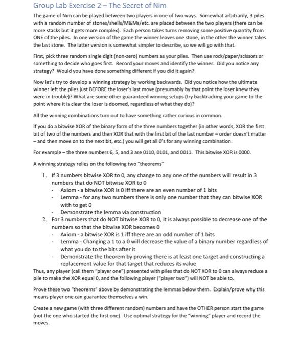 Group Lab Exercise 2 - The Secret of Nim The game of | Chegg.com