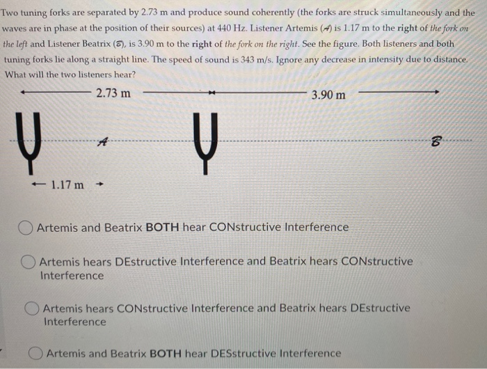 Solved Two tuning forks are separated by 2.73 m and produce | Chegg.com