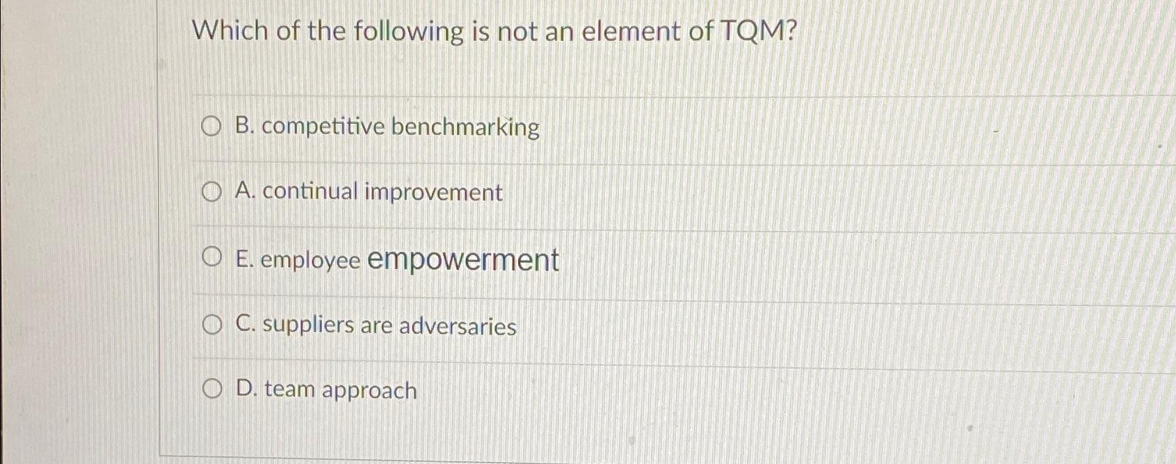 Solved Which of the following is not an element of TQM?B. | Chegg.com