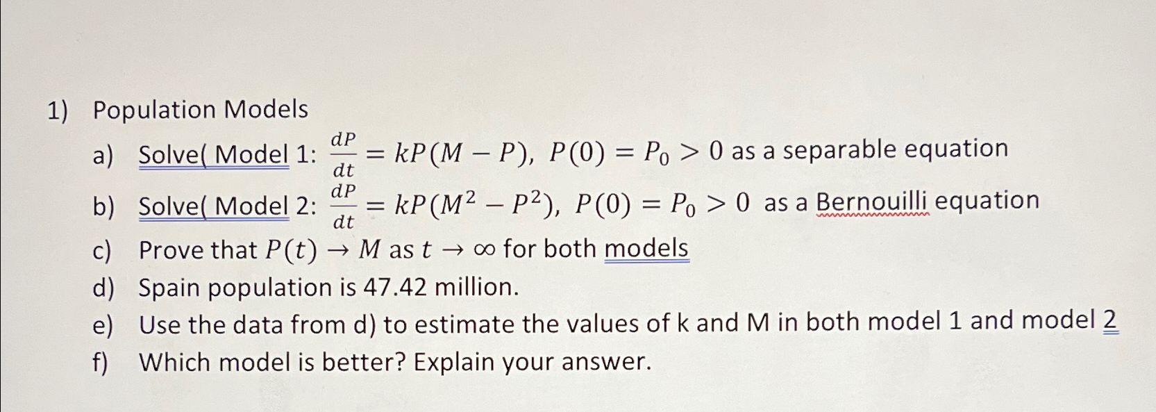 Solved Population Modelsa) ﻿Solve( ﻿Model 1: | Chegg.com