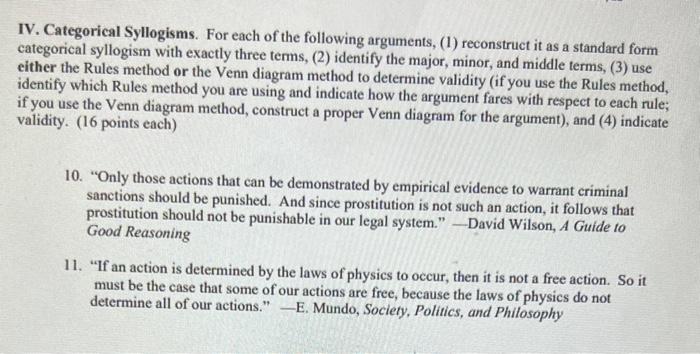 IV. Categorical Syllogisms. For each of the following | Chegg.com