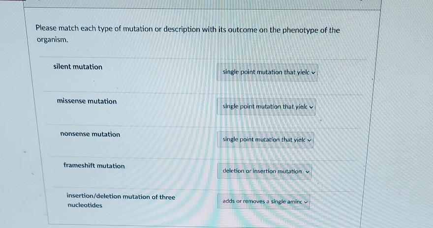 Please match each type of mutation or description | Chegg.com