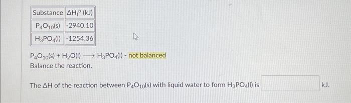 Solved P4O10( s)+H2O(l) H3PO4(l) - not balanced Balance the | Chegg.com