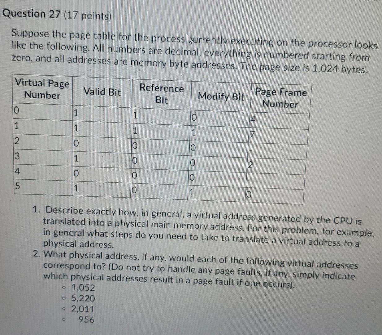 Solved Question 27 (17 points) Suppose the page table for | Chegg.com