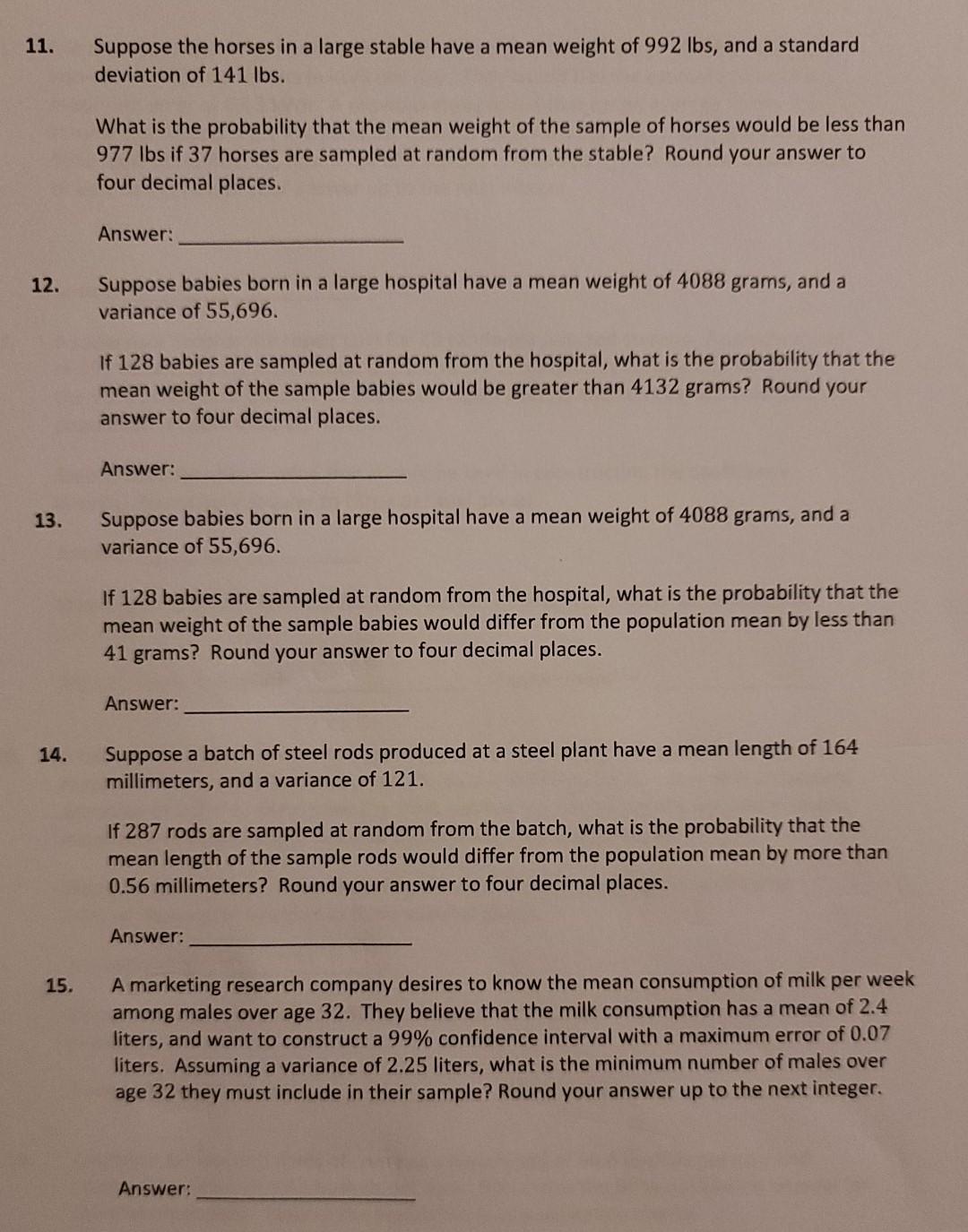 Solved 11. Suppose the horses in a large stable have a mean | Chegg.com