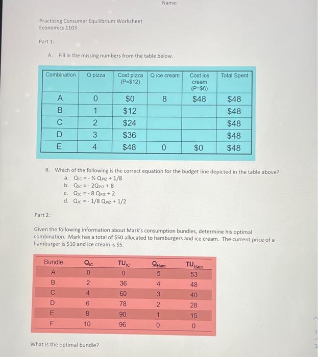 Solved Name: Practicing Consumer Equilibrium Worksheet | Chegg.com