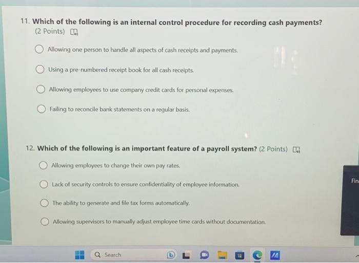Solved 1. Which of the following is an internal control | Chegg.com