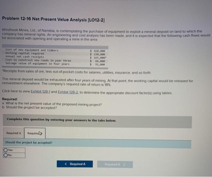 Solved Problem 12-16 Net Present Value Analysis (L012-2] | Chegg.com