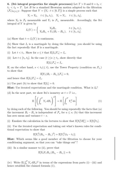 6. (Ito integral properties for simple processes) Let | Chegg.com