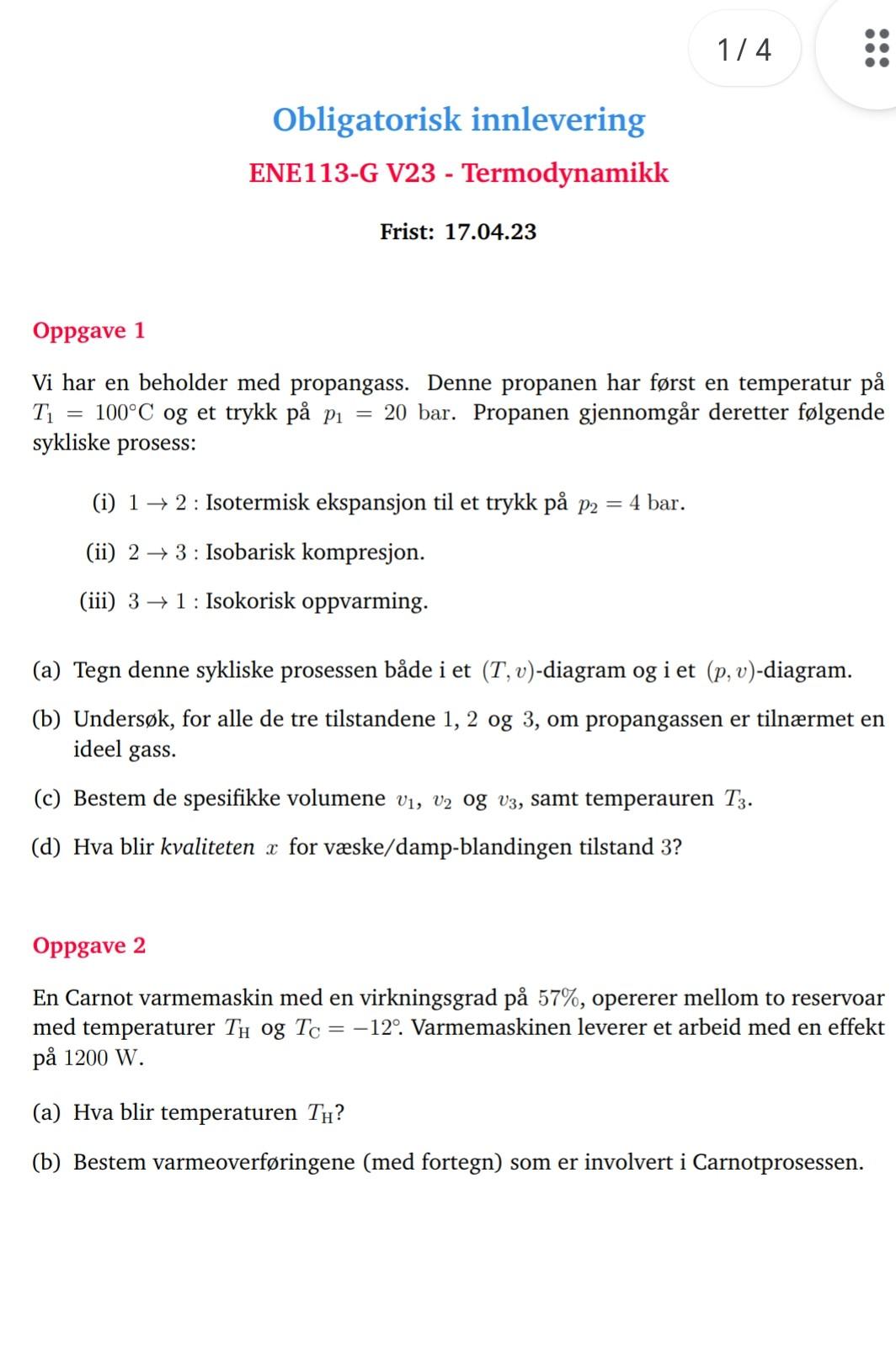 Solved Obligatorisk innlevering ENE113-G V23 - Termodynamikk | Chegg.com
