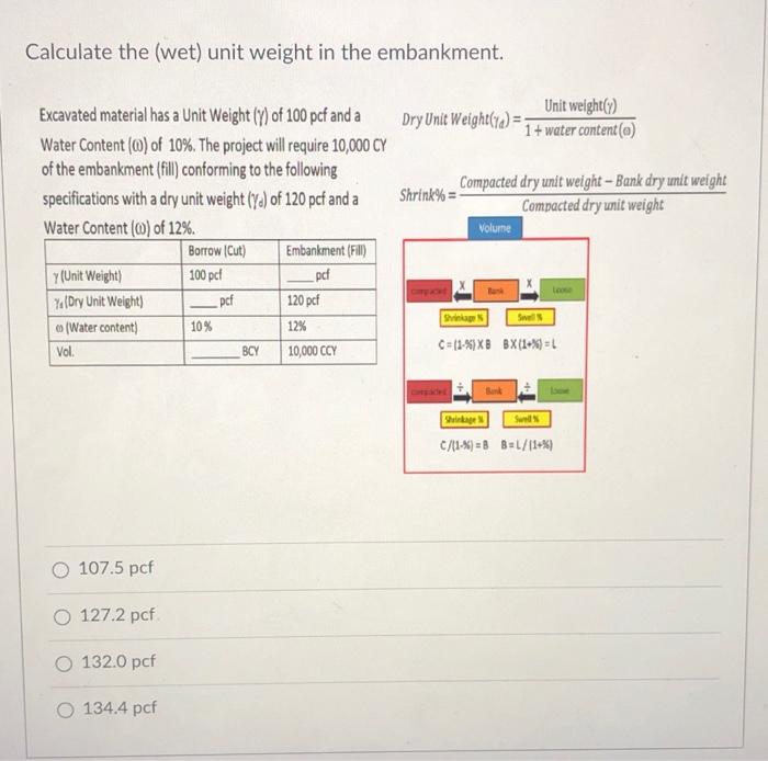 Solved Calculate the (wet) unit weight in the embankment. | Chegg.com