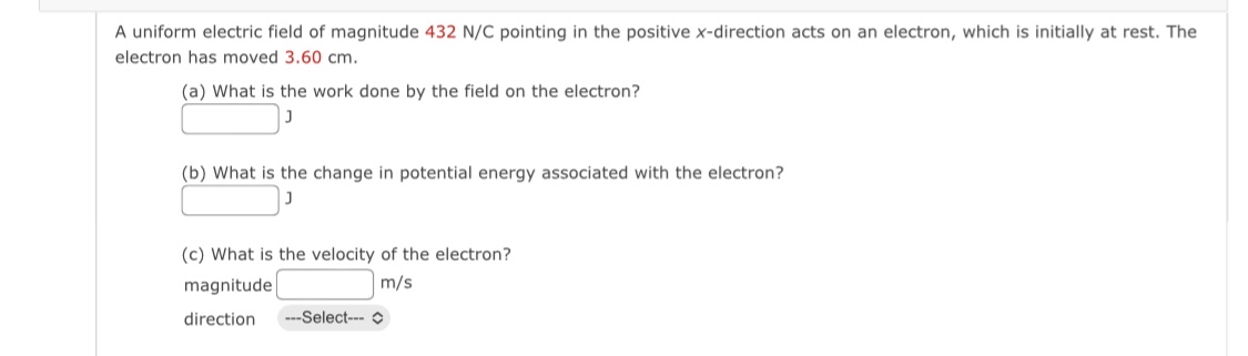 Solved A uniform electric field of magnitude 432NC ﻿pointing | Chegg.com