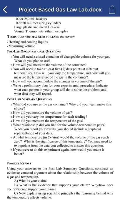Project Based Gas Law Lab.docx 100 or 250 mL beakers | Chegg.com