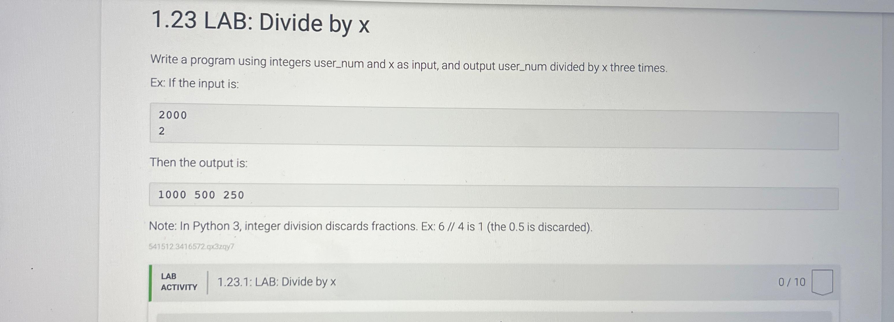 Solved 123 ﻿lab Divide By Xwrite A Program Using Integers