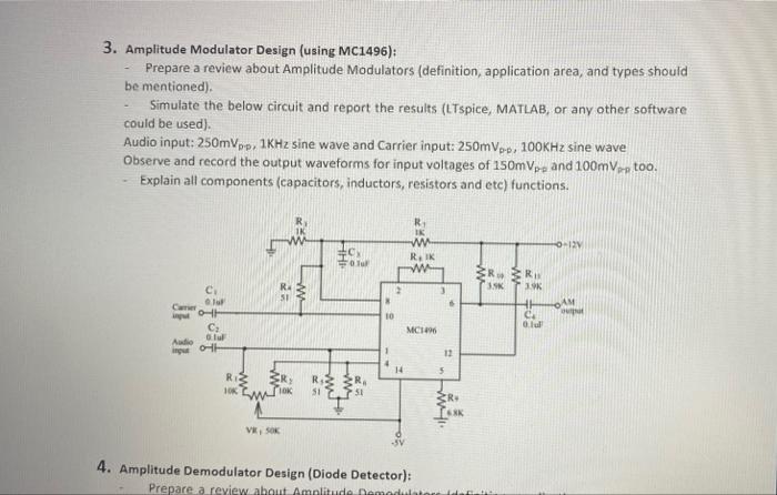 Solved 3. Amplitude Modulator Design (using MC1496): Prepare | Chegg.com