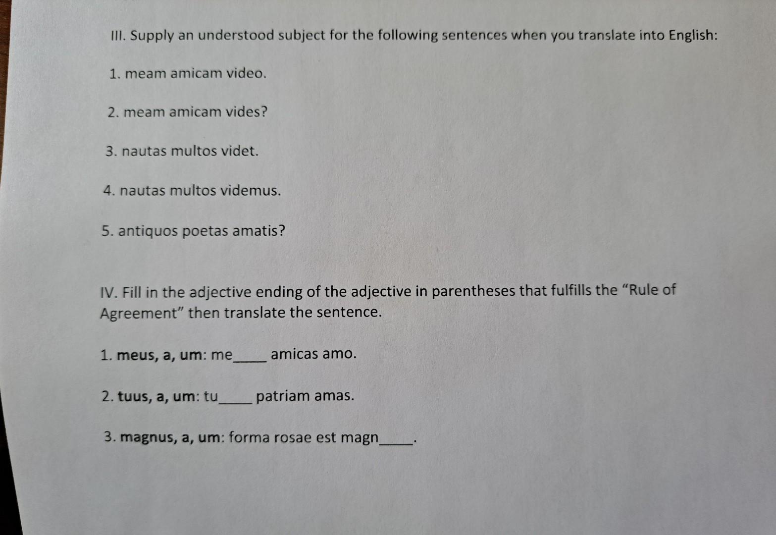 III. Supply an understood subject for the following | Chegg.com