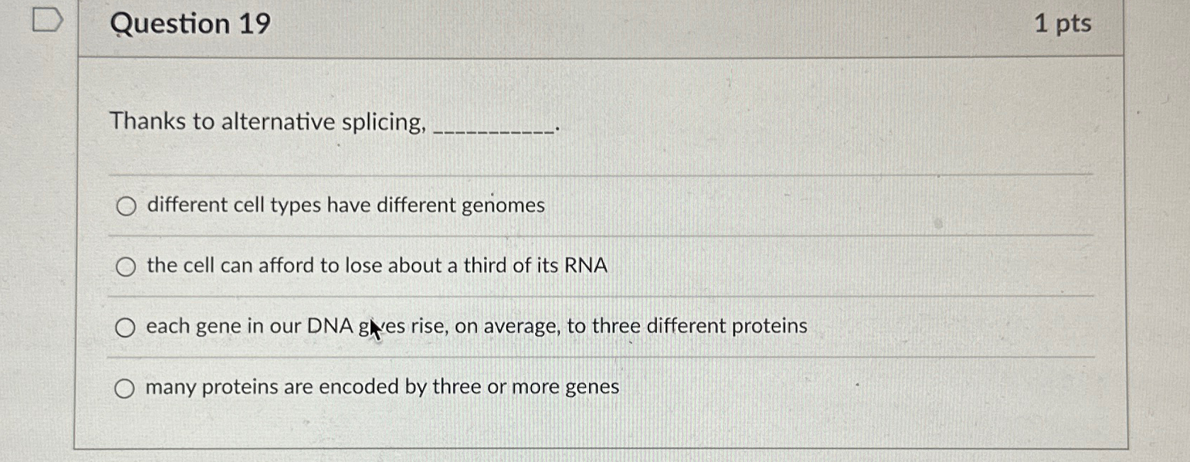 Solved Question 191 ﻿ptsThanks to alternative splicing, | Chegg.com