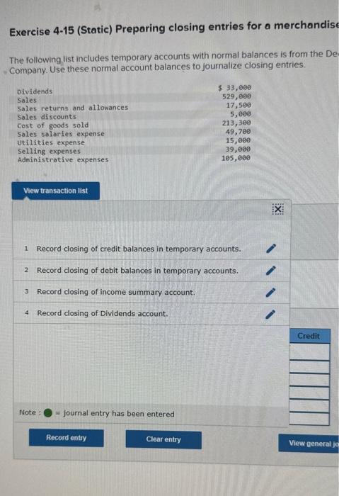 Solved Exercise 4-15 (Static) Preparing closing entries for | Chegg.com