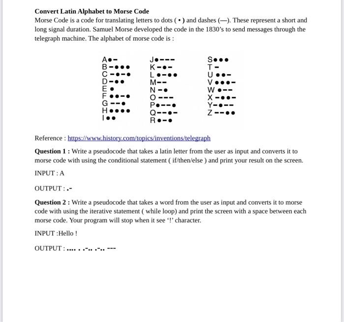 Solved Convert Latin Alphabet to Morse Code Morse Code is a | Chegg.com