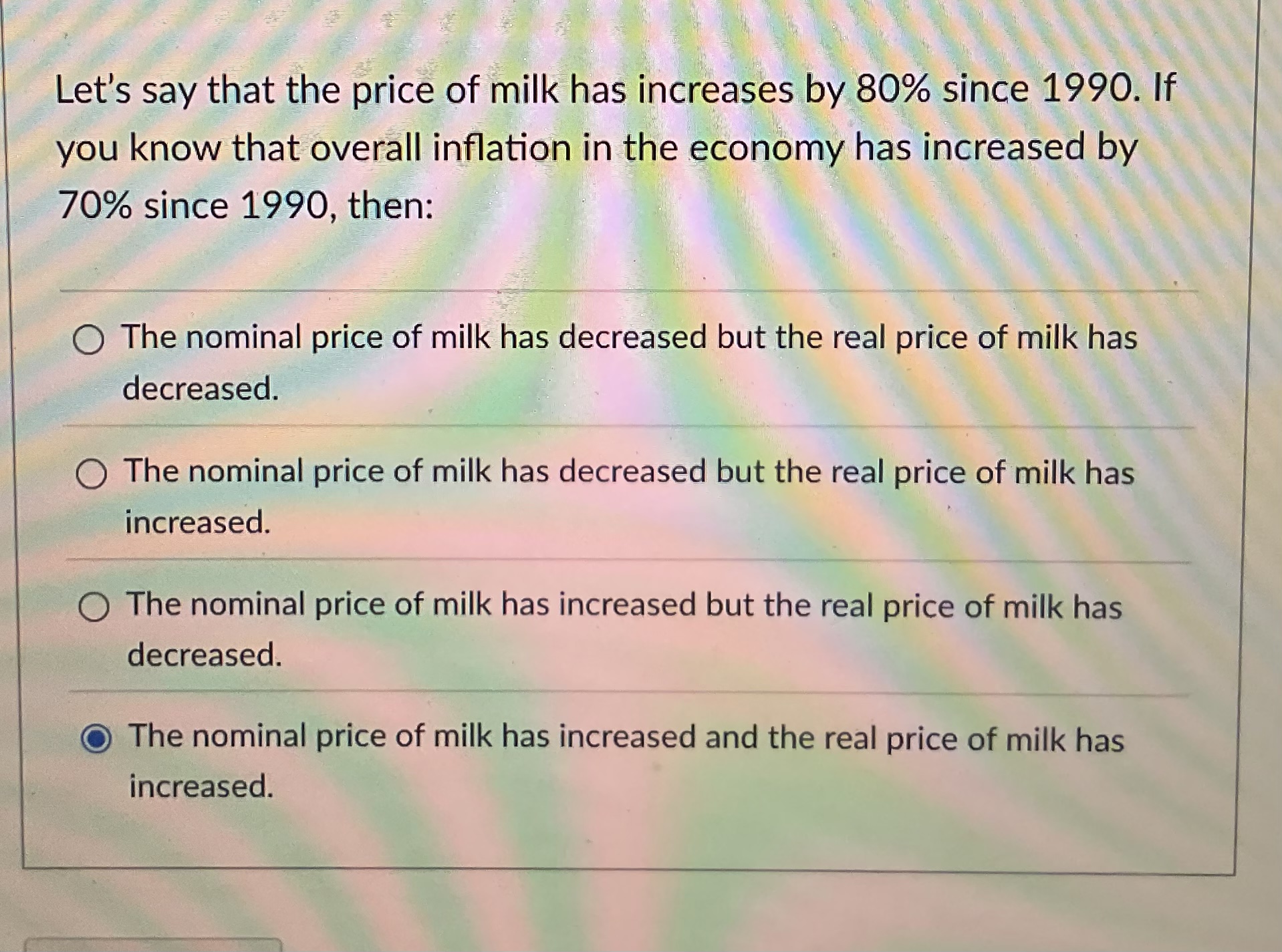 Solved Let's say that the price of milk has increases by | Chegg.com