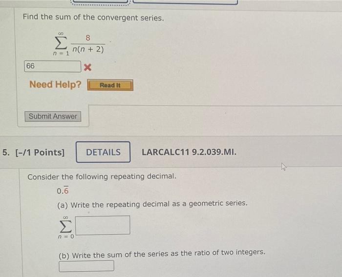 Solved Find The Sum Of The Convergent Series ∑n 1∞n N 2 8