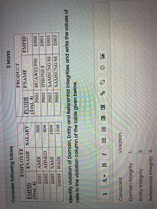 3 Marks Consider following tables EMPID EMPLOYEE | Chegg.com