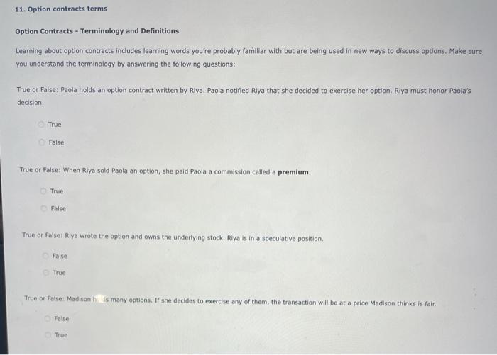 Solved 11. Option contracts terms Option Contracts - | Chegg.com
