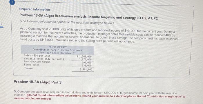 Solved Required information Problem 18-3A (Algo) Break-even | Chegg.com