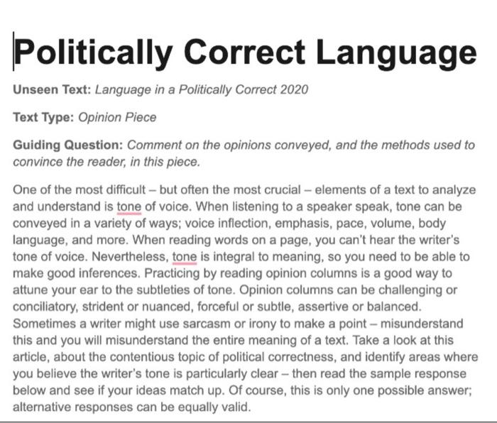 Politically Correct Language Unseen Text: Language in | Chegg.com