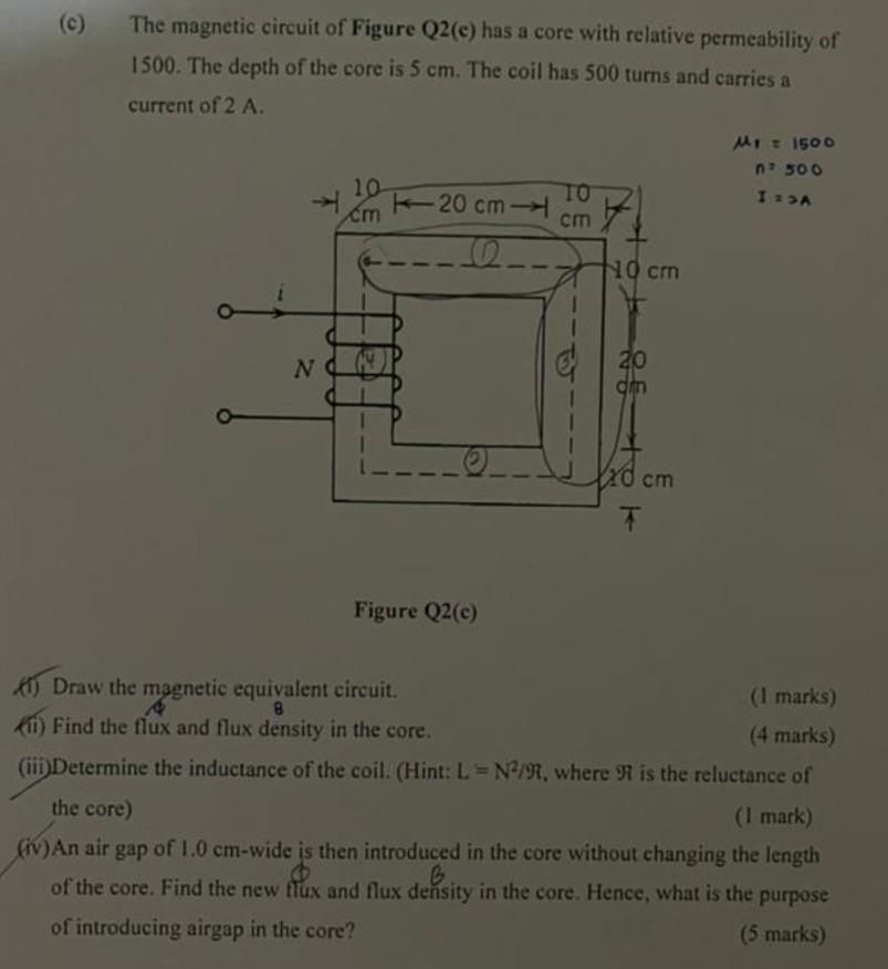 Solved (c) The magnetic circuit of Figure Q2(c) has a core | Chegg.com