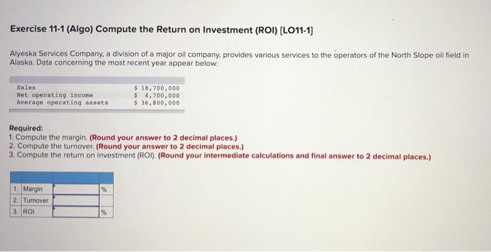 Solved Exercise 11-1 (Algo) Compute the Return on Investment | Chegg.com