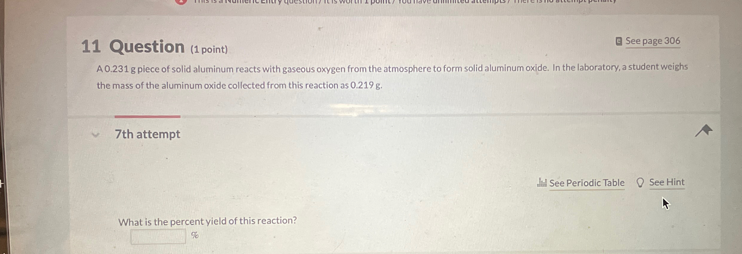 Solved 11 ﻿Question (1 ﻿point)[.] ﻿See page 306A 0.231g | Chegg.com
