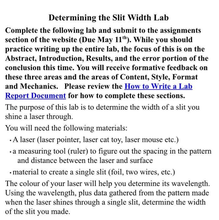Solved Determining the Slit Width Lab Complete the following | Chegg.com