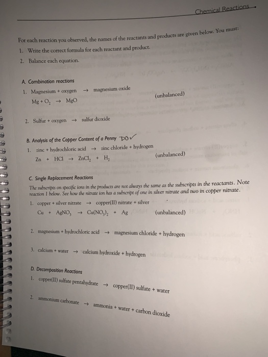 Solved Chemical Reactions For each reaction you observed, | Chegg.com