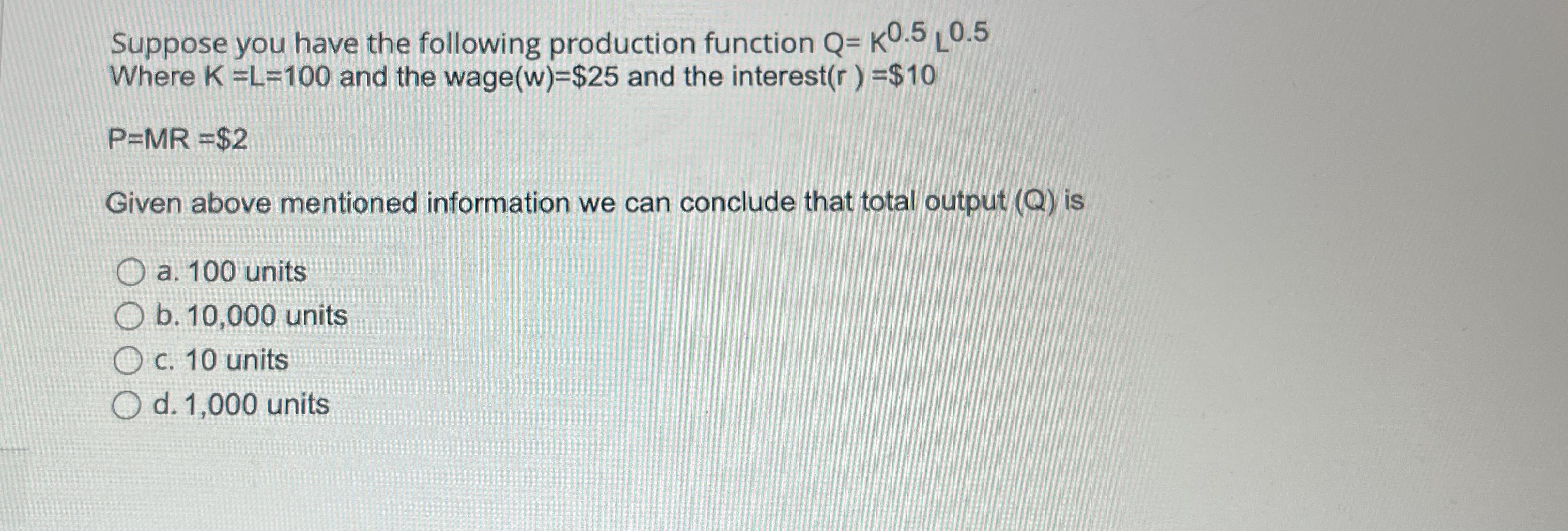 Solved Suppose you have the following production function | Chegg.com