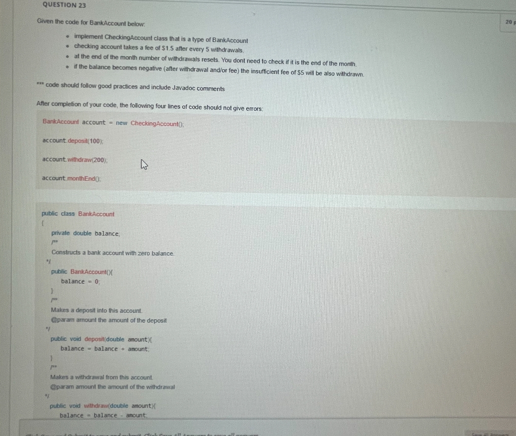 QUESTION 23Given the code for BankAccount | Chegg.com