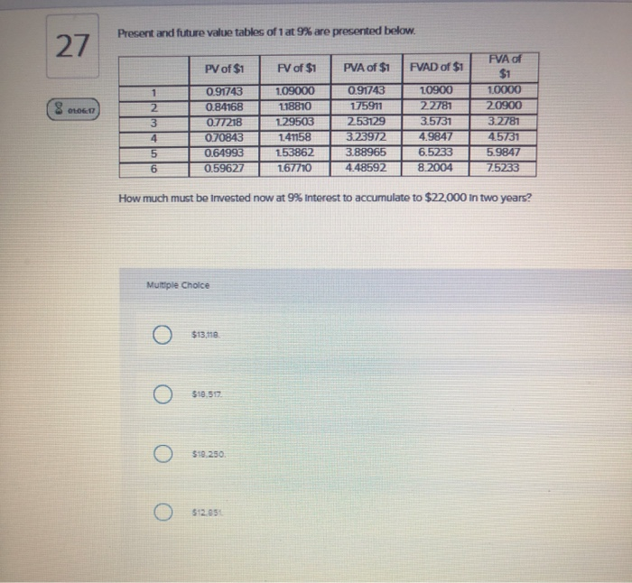 Solved Present and future value tables of 1 at 9% are | Chegg.com