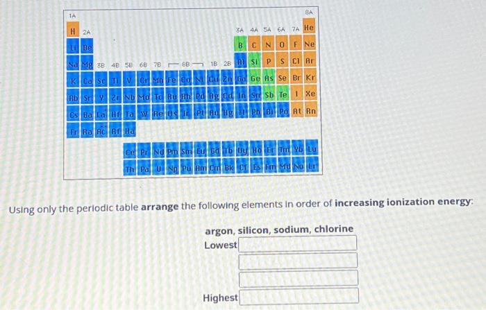 Solved Using only the periodic table arrange the following | Chegg.com