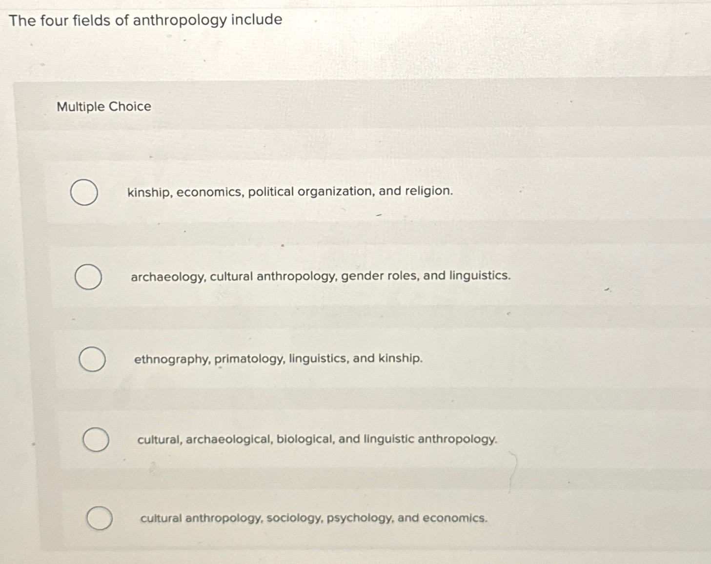 Solved The four fields of anthropology includeMultiple | Chegg.com