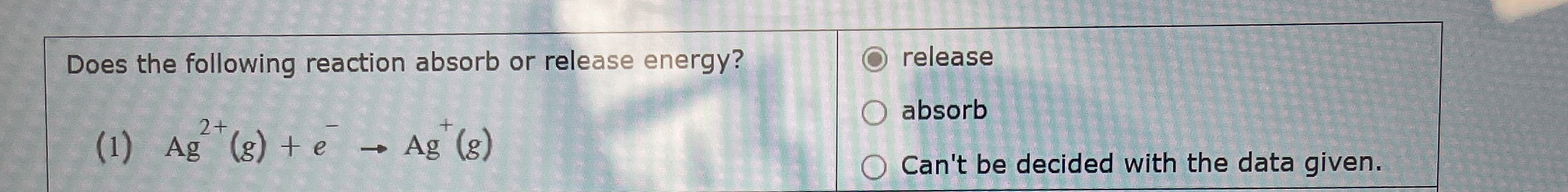 Solved Does the following reaction absorb or release | Chegg.com